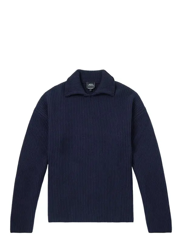 A.p.c. Oversized Ribbed Wool And Cashmere-blend Polo Sweater - Blue