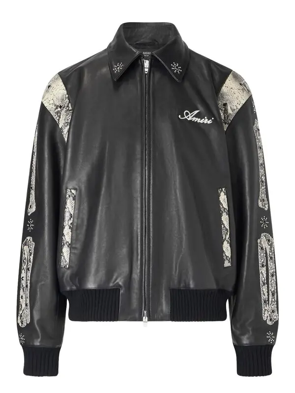 Amiri Bones Snake-effect Panelled Studded Logo-embroidered Leather Jacket - Black