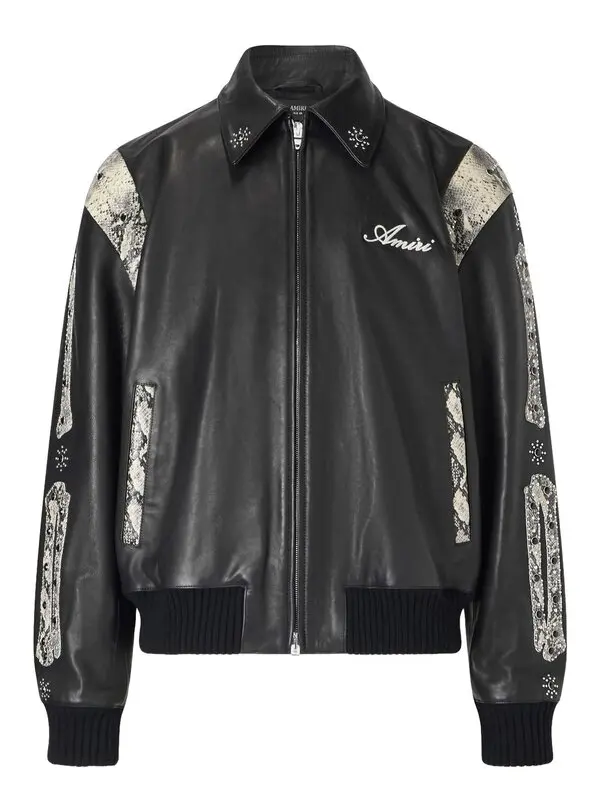 Amiri Bones Snake-effect Panelled Studded Logo-embroidered Leather Jacket - Black