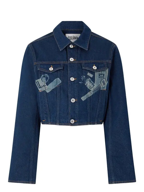 Jean Paul Gaultier Cropped Printed Denim Jacket - Blue