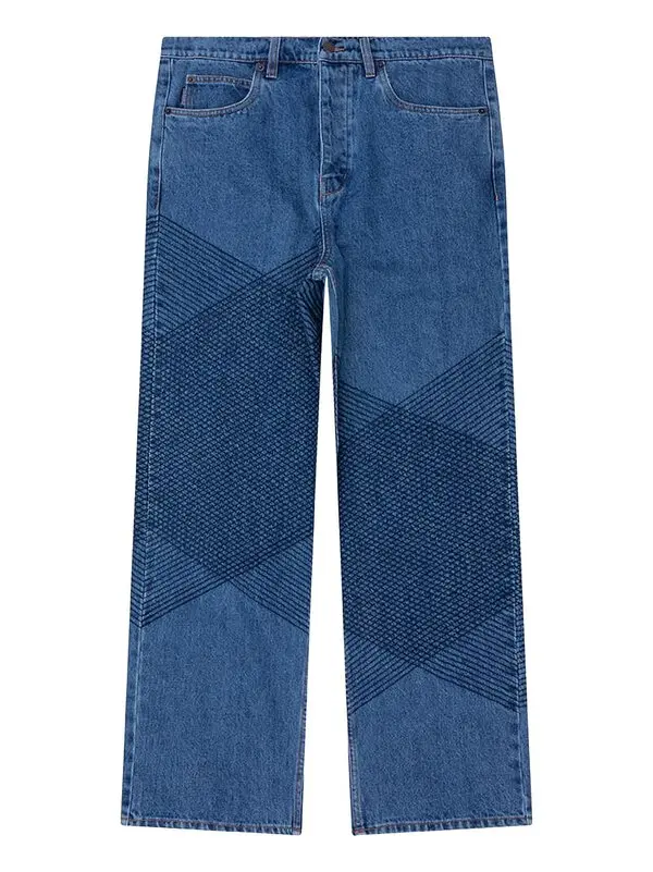 PLEASURES Grid Embroidered Baggy Jeans - Blue