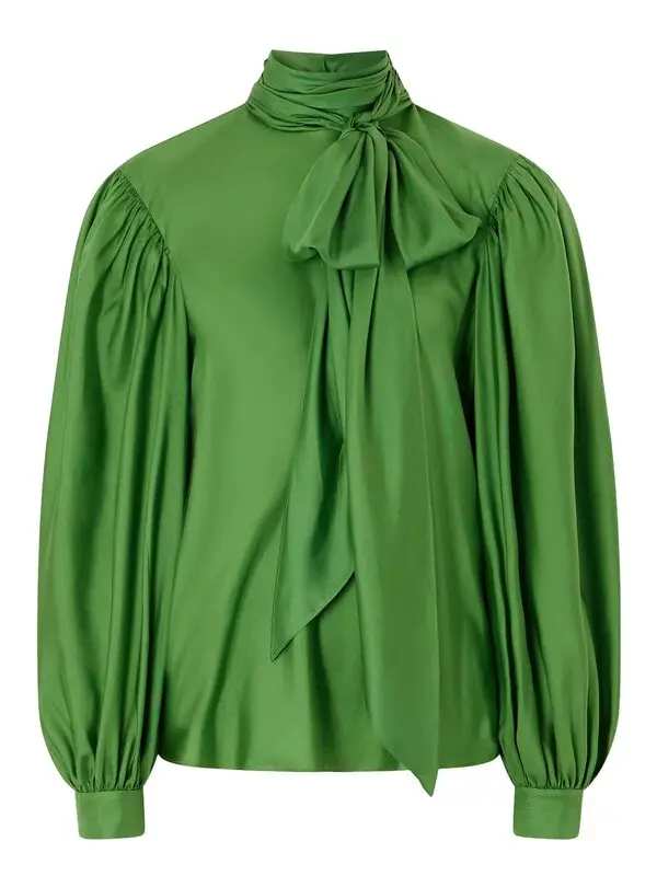 Gucci Tie-neck Draped Silk Satin-twill Blouse - Green