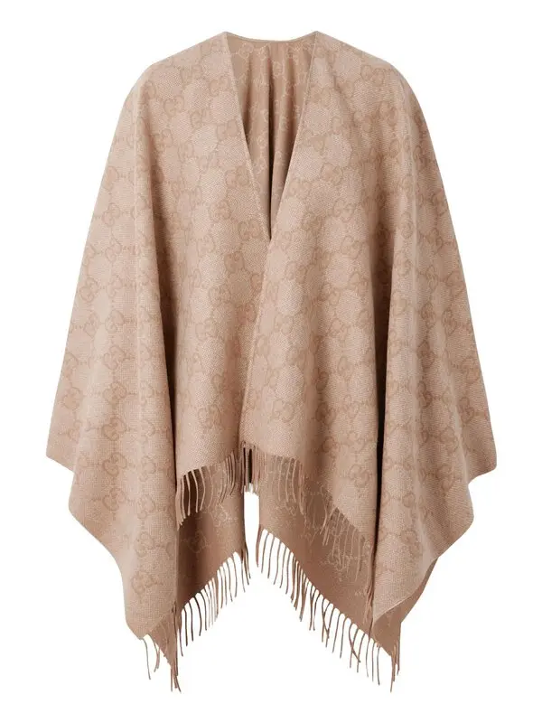 Gucci Fringed Logo-jacquard Metallic Cashmere-blend Wrap - Neutrals