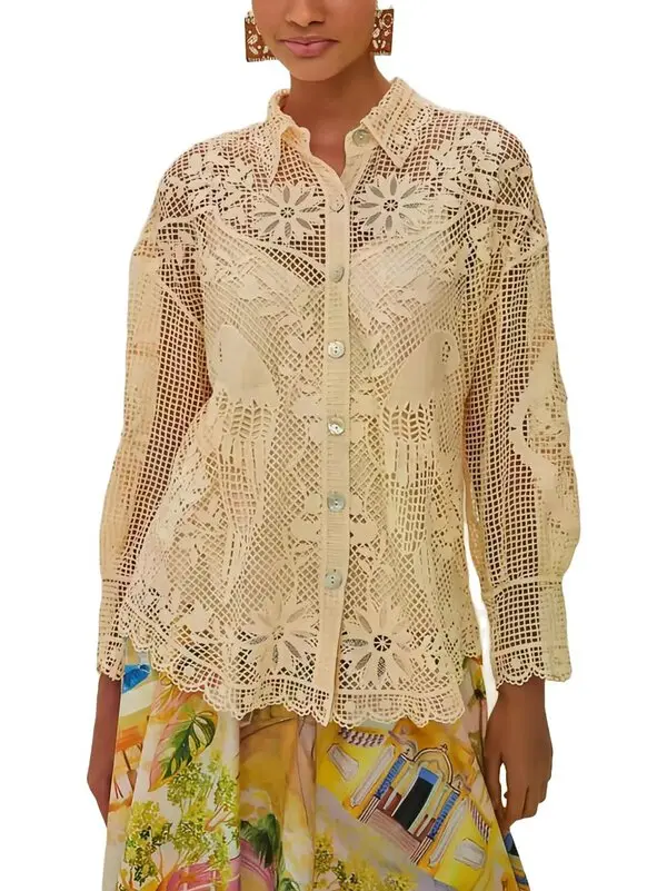 Farm Rio Floral-lace Long-sleeve Shirt - Neutrals