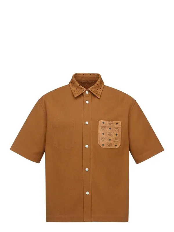 Mcm Shirt In Cotton And Monogram Print Leather - Cognac