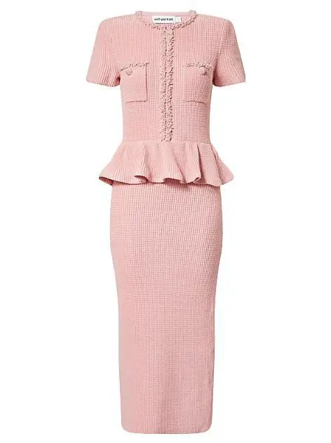 SELF-PORTRAIT Knitted Midi Dress With Peplum Detail - Pink