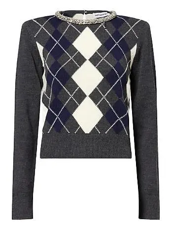 SELF-PORTRAIT Argyle Crystal Wool Jumper - Grey