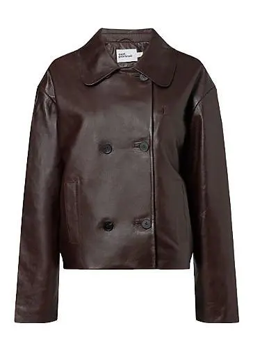 SELF-PORTRAIT Cropped Double-breasted Leather Jacket - Brown