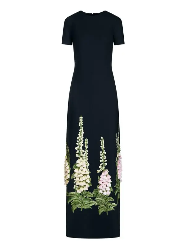 Oscar De La Renta Foxglove Embroidered Caftan - Navy