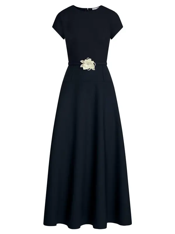 Oscar De La Renta Floral Belted Wool Dress - Navy