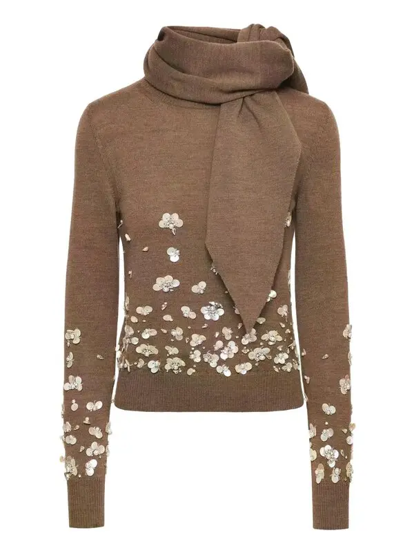 Oscar De La Renta Embroidered Knit Scarf Sweater - Brown