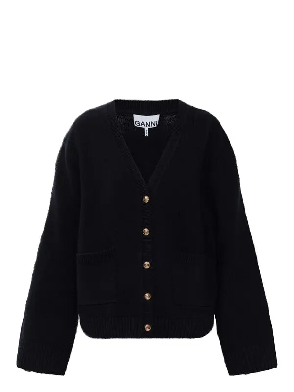 GANNI Oversized Wool Cardigan With Embossed Buttons - Navy Blue