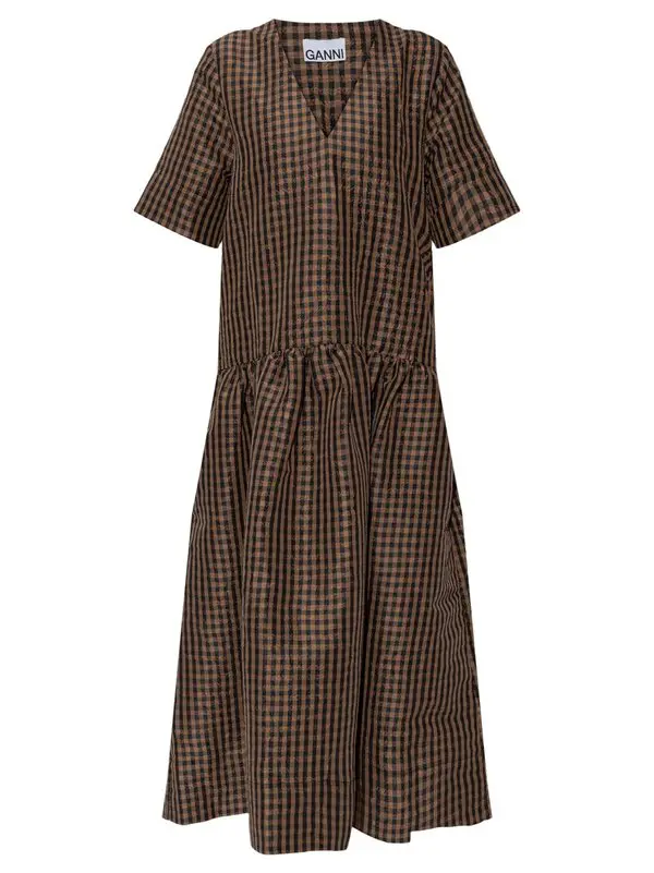 GANNI Checked Midi Dress - Brown