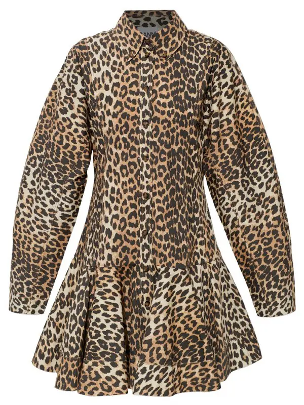 GANNI Animal Print Shirt Dress - Brown