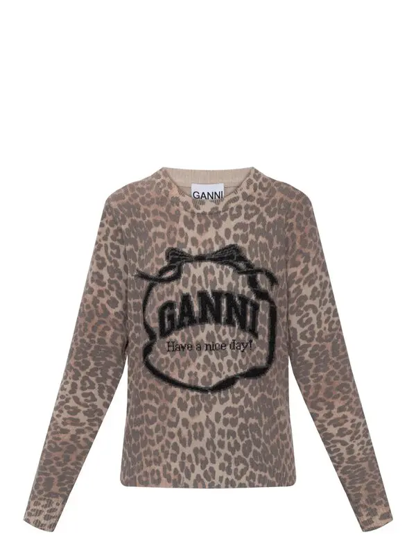 GANNI Turtleneck Sweater With Animal Motif - Brown
