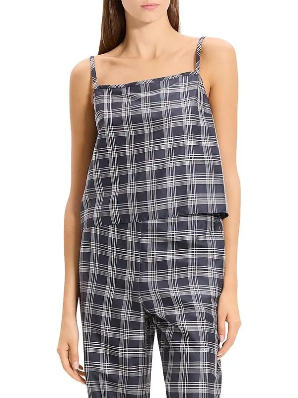 Theory Bind Strap Plaid Silk Top - Navy Multi