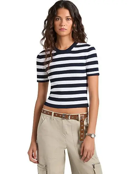 Michael Kors Striped Ribbed Stretch Knit Top - Blue