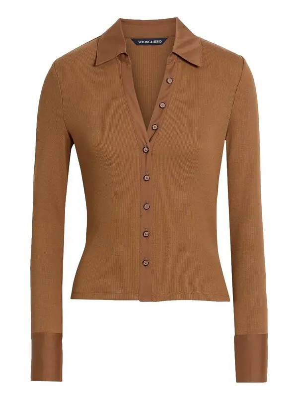 Veronica Beard Scottie Poplin-trimmed Ribbed Pima Cotton-blend Shirt - Light Brown