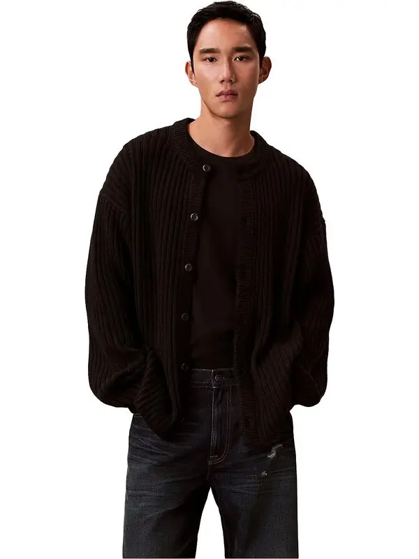 Calvin Klein Cotton Blend Ribbed Cardigan - Black