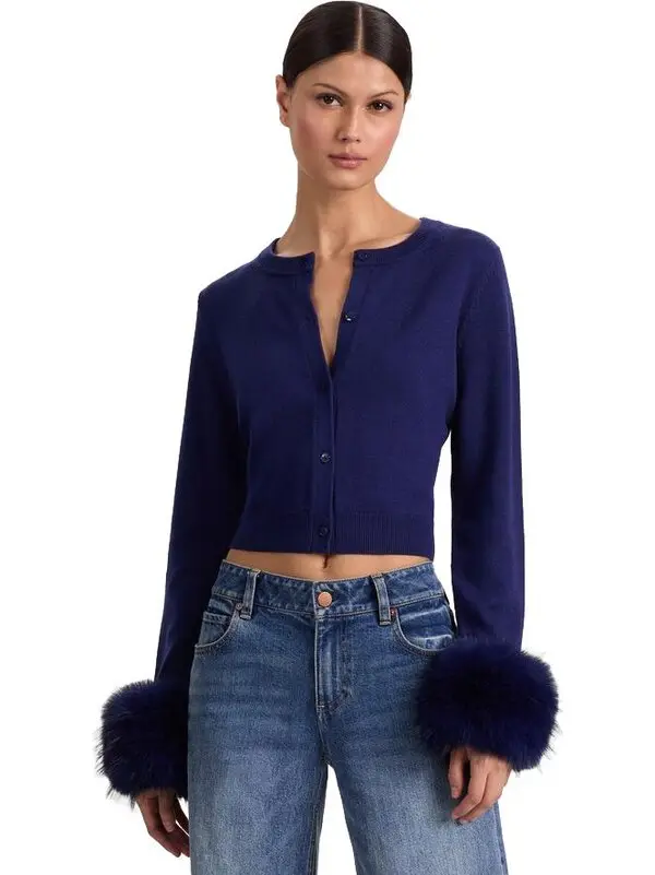 Alice + Olivia Dollie Faux Fur Cuff Cardigan - Navy