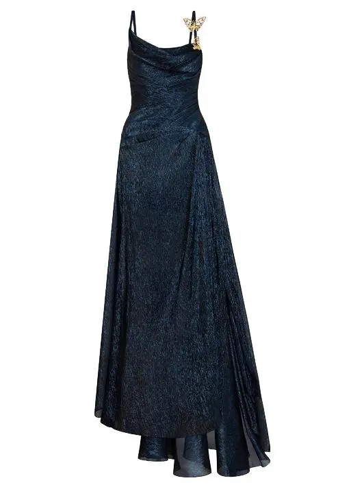 Oscar De La Renta Lamé Mousseline Draped Gown - Navy