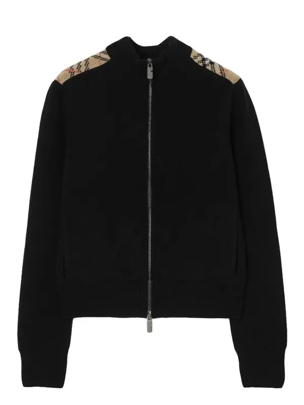 Burberry Wool Cashmere Cardigan With Check Patch - Black