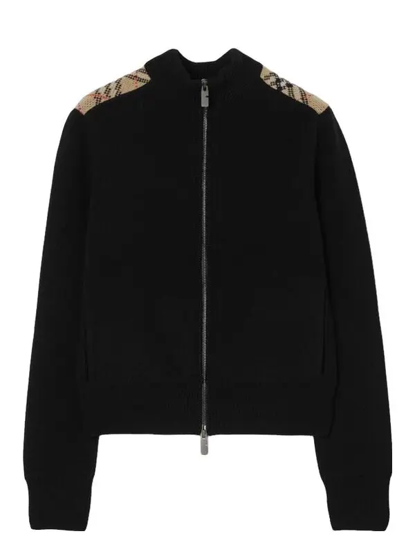 Burberry Wool Cashmere Cardigan With Check Patch - Black
