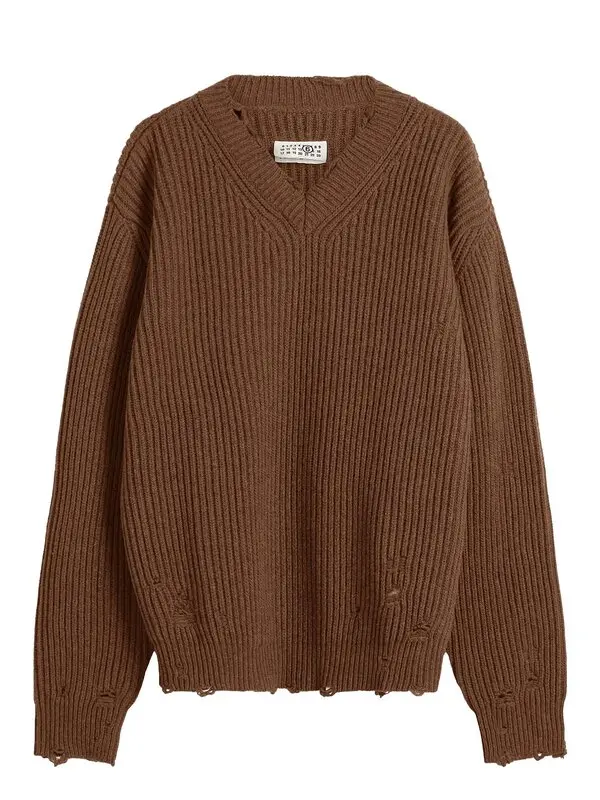 MAISON MARGIELA Wool V-neck Jumper - Brown Melange