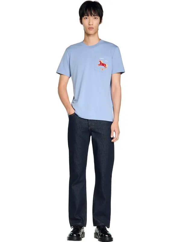 Sandro Embroidered Horse Cotton T-shirt - Sky Blue