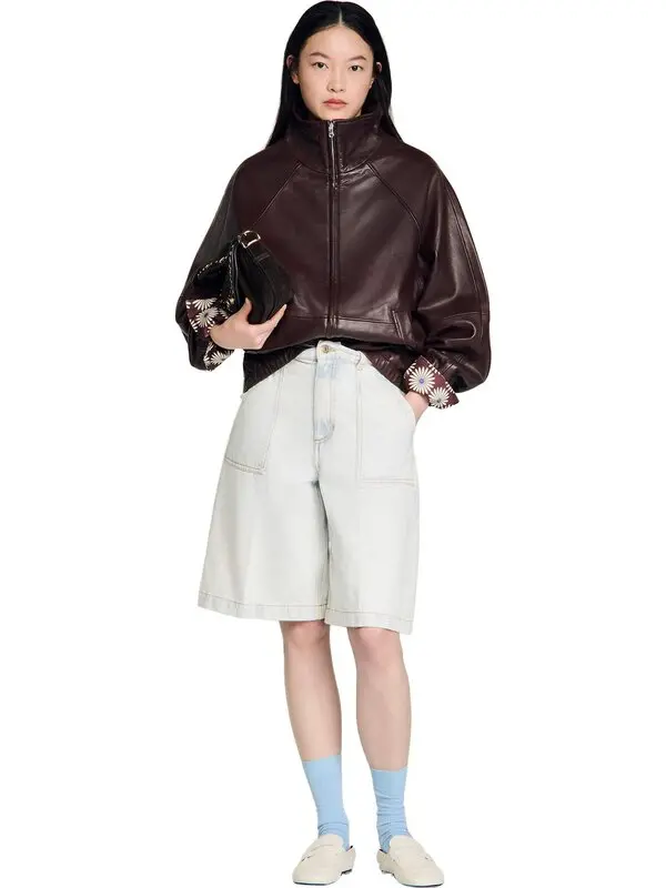 Sandro Oversized Zip-up Lambskin Leather Jacket - Brown