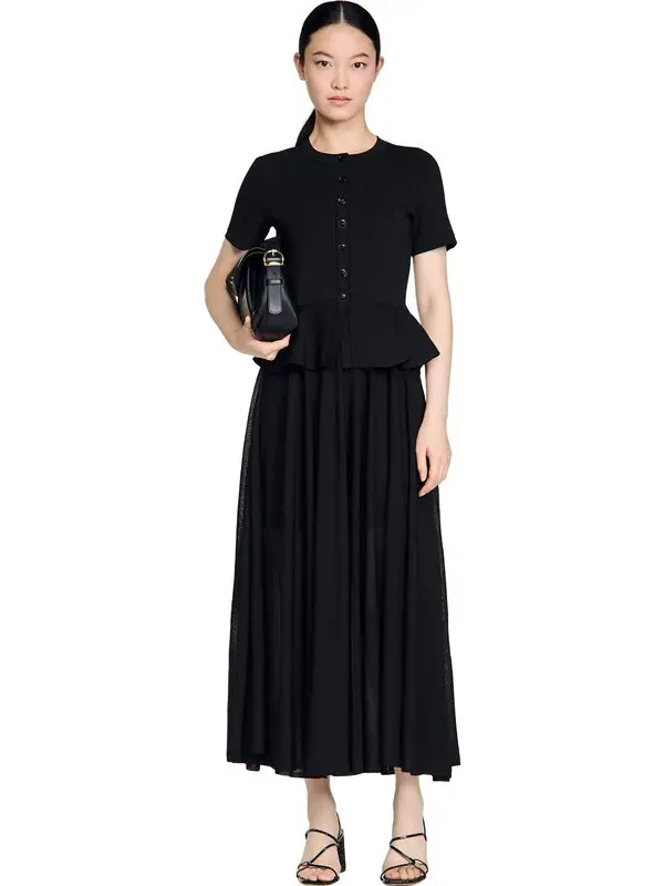 Sandro Fitted 2-in-1 Knit Maxi Dress With Peplum Waist - Black