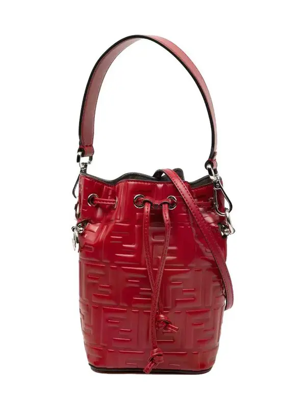 Fendi Mini Zucca Embossed Leather Mon Tresor Bucket Bag Satchel - Red