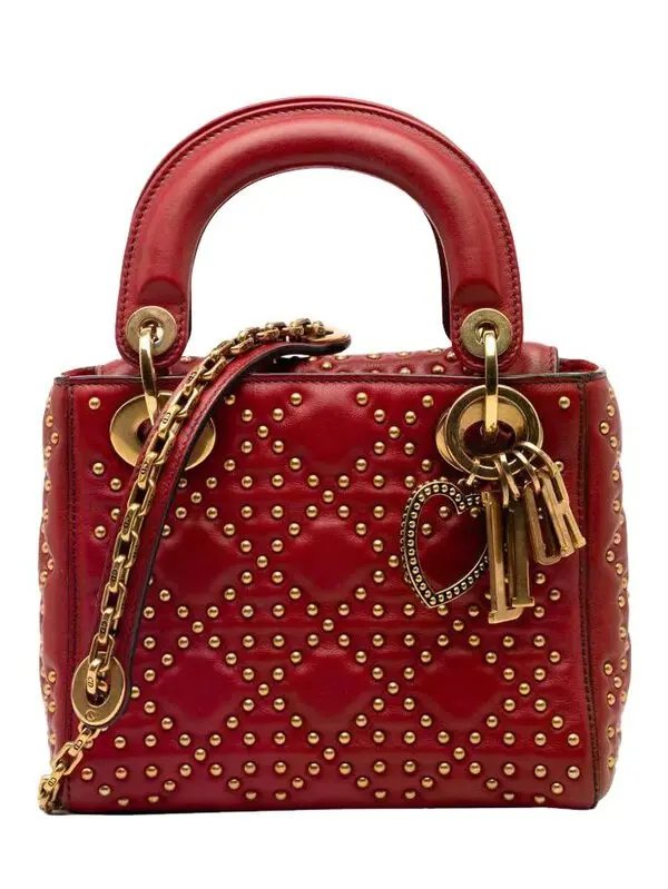 Dior 2017 Mini Lambskin Cannage Studded Lady Satchel - Red