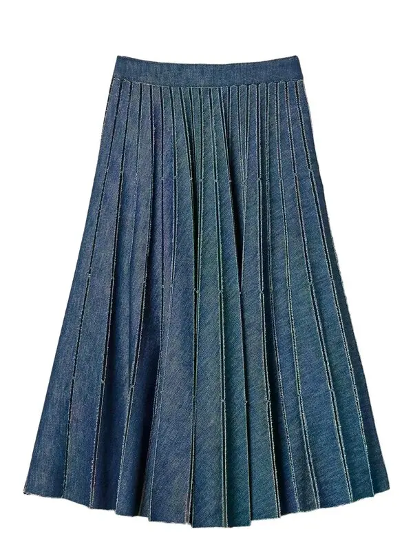TWINSET Pleated Denim Midi Skirt - Blue