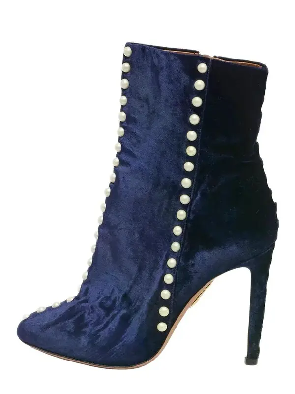 AQUAZZURA Follie Pearls Velvet Ankle Boots - Blue
