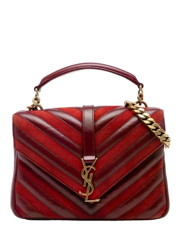 Saint Laurent 2017 Medium Calfskin And Suede Chevron Monogram College Satchel - Red