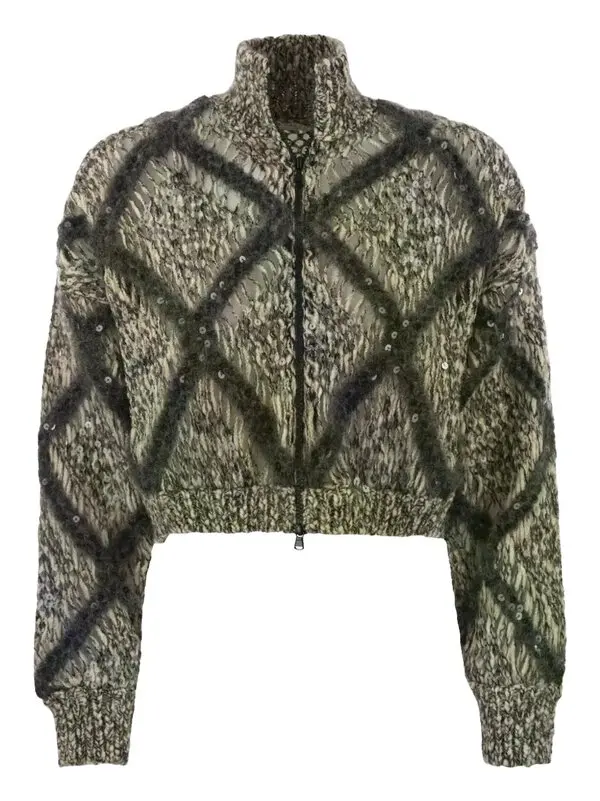 Brunello Cucinelli Diamond-pattern Zip-up Cardigan - Neutrals