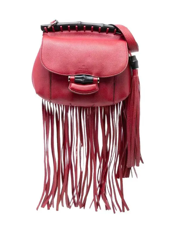 Gucci Leather Bamboo Nouveau Fringe Crossbody Bag - Red