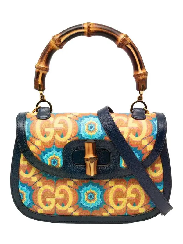 Gucci 2016-2025 100th Anniversary Medium Gg Coated Canvas 1947 Bamboo Top Handle Satchel - Blue