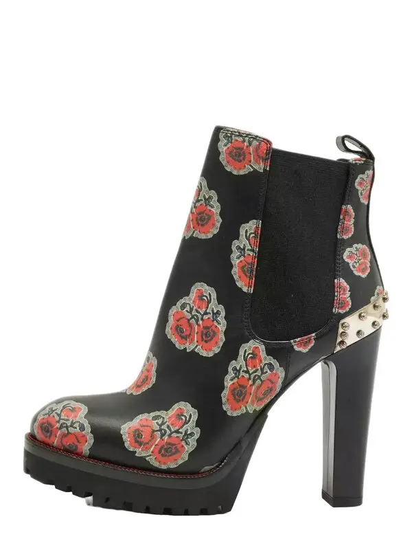 Alexander McQueen Floral-print Studded Boots - Black