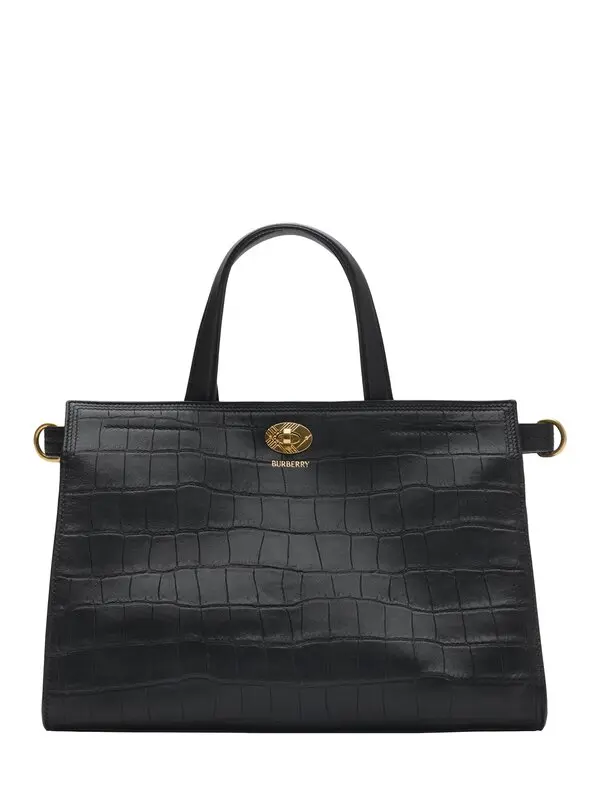 Burberry Small Calfskin Croc-embossed Cotswolds Tote - Black