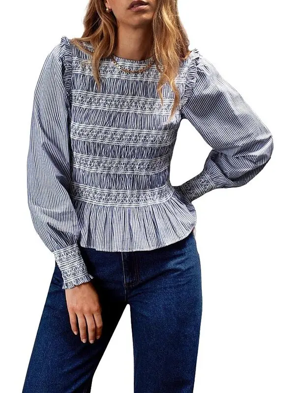 RO & ZO Stripe Shirred Blouse Top - Blue