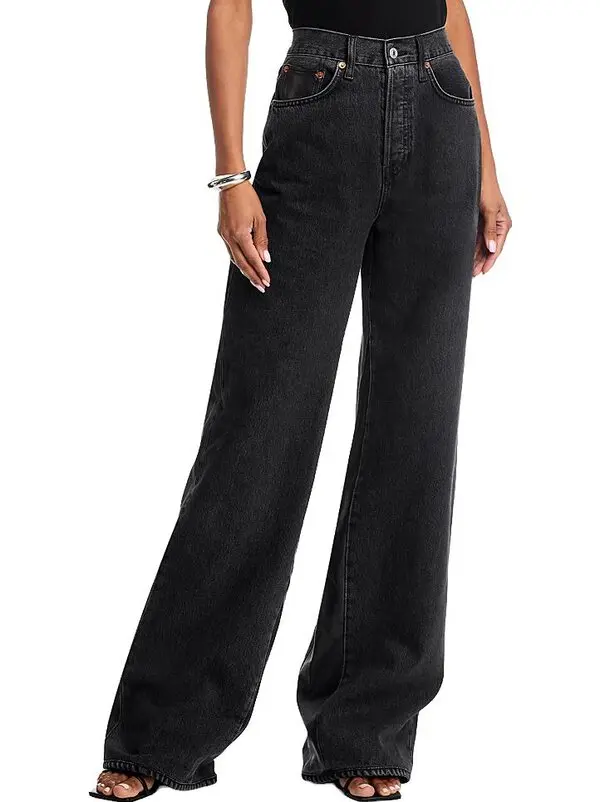 RE/DONE High-rise Wide Leg Jeans With Leather Pockets - Back To Black Leather