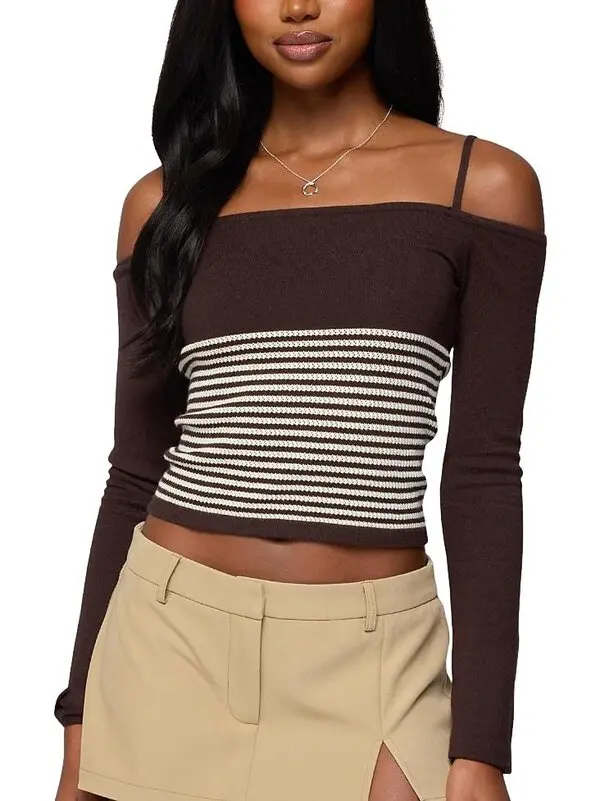 EDIKTED Striped Off-the-shoulder Knit Top - Brown