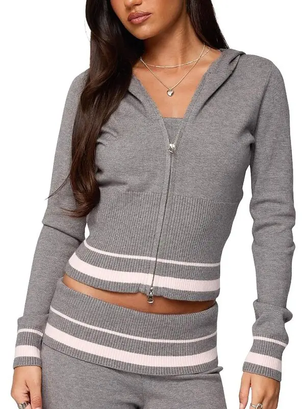 EDIKTED Striped Knit Zip Up Hoodie - Gray-melange