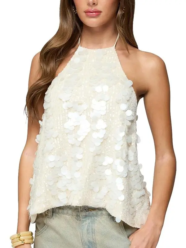 EDIKTED Ellorie Backless Sequin Halter Top - Cream