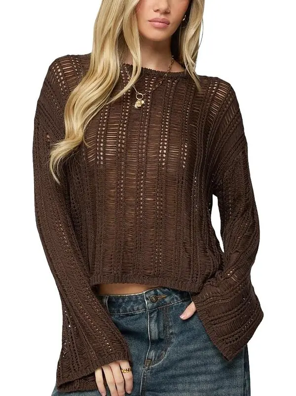 EDIKTED Jaide Sheer Ladder Knit Sweater - Brown