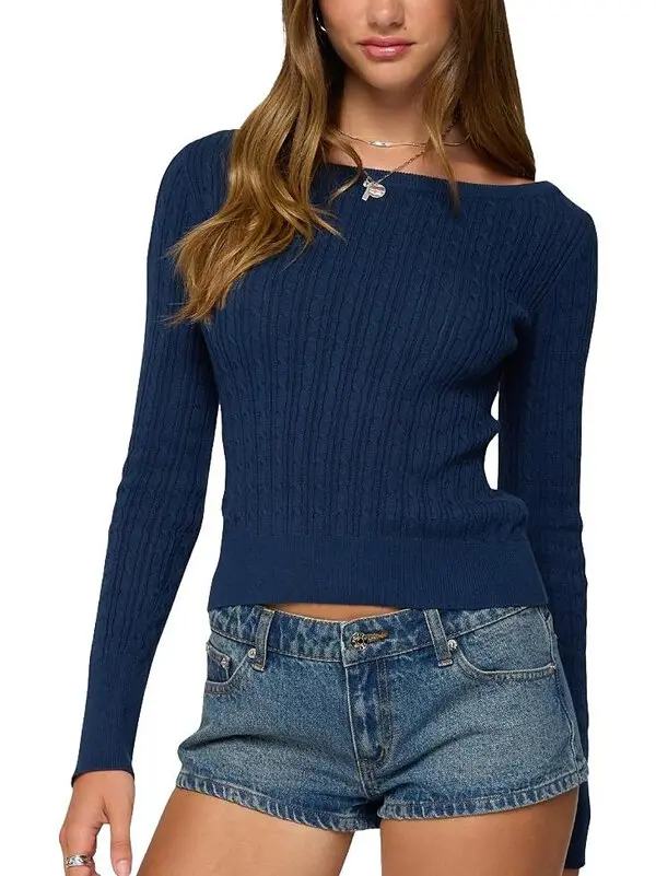 EDIKTED Larah Boat Neck Cable Knit Sweater - Navy