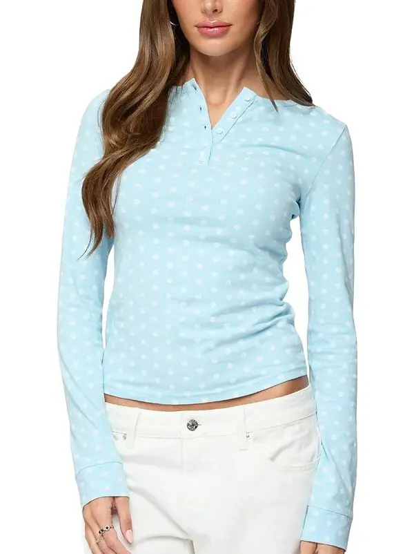 EDIKTED Keana Polka Dot Henley Top - Light-blue