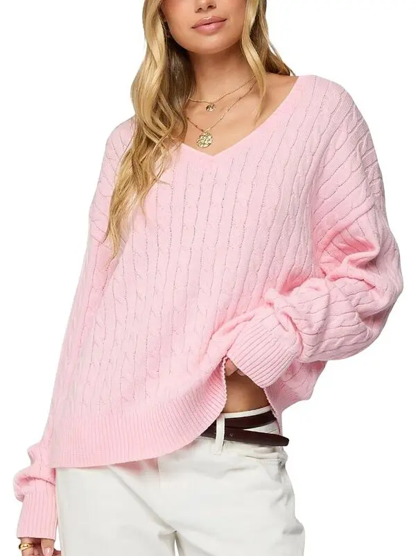 EDIKTED Polly V Neck Cable Knit Sweater - Light-pink